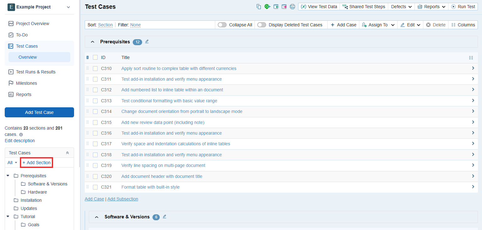 Sections – TestRail Support Center